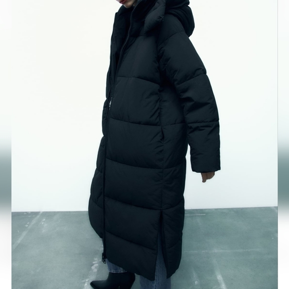 Zara | Jackets & Coats | Zara Black Extra Long Puffer Coat Size L Xl ...